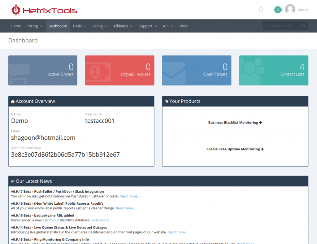 Account Dashboard – HetrixTools