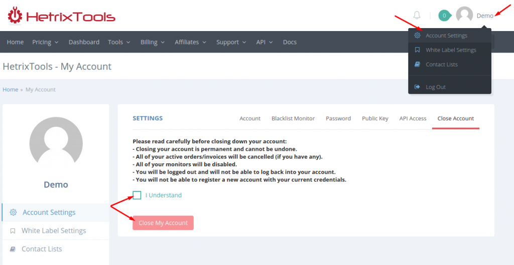 Close Account – HetrixTools