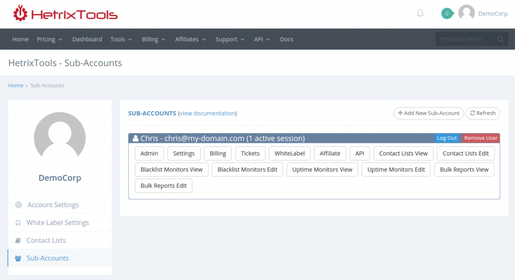 Sub-Accounts Access Levels – HetrixTools