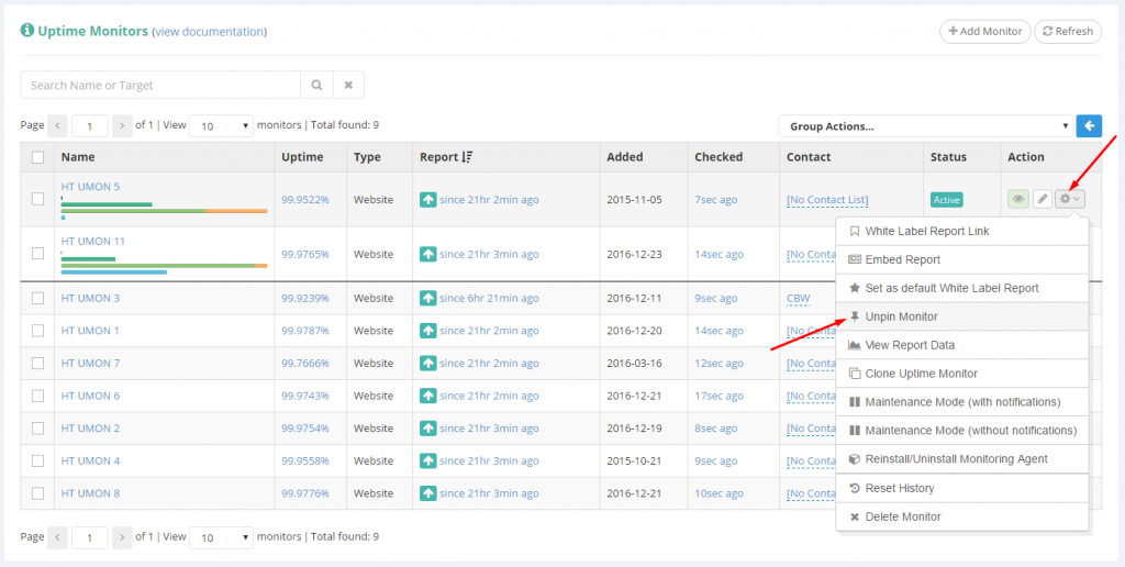Pinned Uptime Monitors – HetrixTools